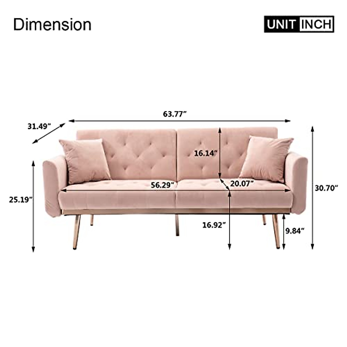 SLEERWAY Velvet Futon Sofa Bed with 5 Golden Metal Legs, Sleeper Sofa Couch with Two Pillows, Convertible Loveseat for Living Room and Bedroom, Pink