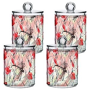 Fustylead 4 Pack Dragonfly and Flower Qtip Holder Dispensers, Plastic Apothecary Jar Bathroom Accessories Set for Cotton Ball, Swab, Round Pads, Floss
