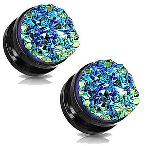 Covet Jewelry Blue Druzy Stone Front Black IP Over 316L Surgical Steel Screw Fit Flesh Tunnel Plugs (1/2 (12mm))