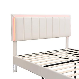 Modern Queen Size Upholstered Platform Bed with LED Lights and 2 Motion Activated Night Lights, PU Leather Platform Bed Frame Mattress Foundation with Storage Drawer for Bedroom Guest Room (White-A4)