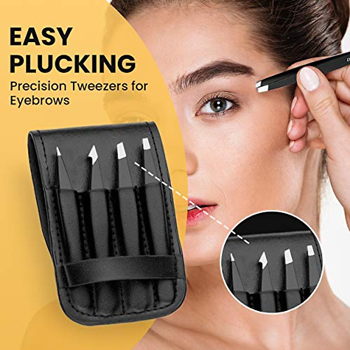 EXCLAIM BEAUTY Tweezers for Women & Men Pack of 4 Stainless Steel Tweezers Set, Precision Tweezers for Eyebrows Splinter Ingrown Hair Removal Tweezers Kit for Women with Leather Case – Matte Black