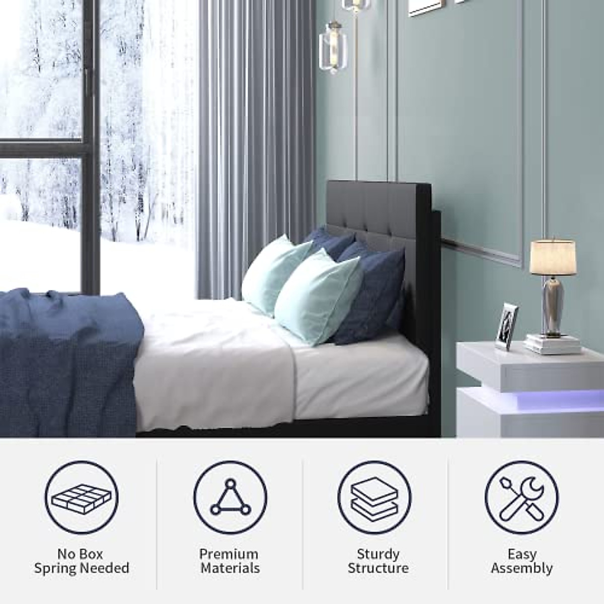 ZAFLY Platform LED Bed Frame Queen Size,Upholstered Queen Bed Frame with Adjustable Headboard,Queen Size Bed with RGB LED Strip Light,Wooden Slats Support,No Box Spring Needed,Easy Assembly,Black