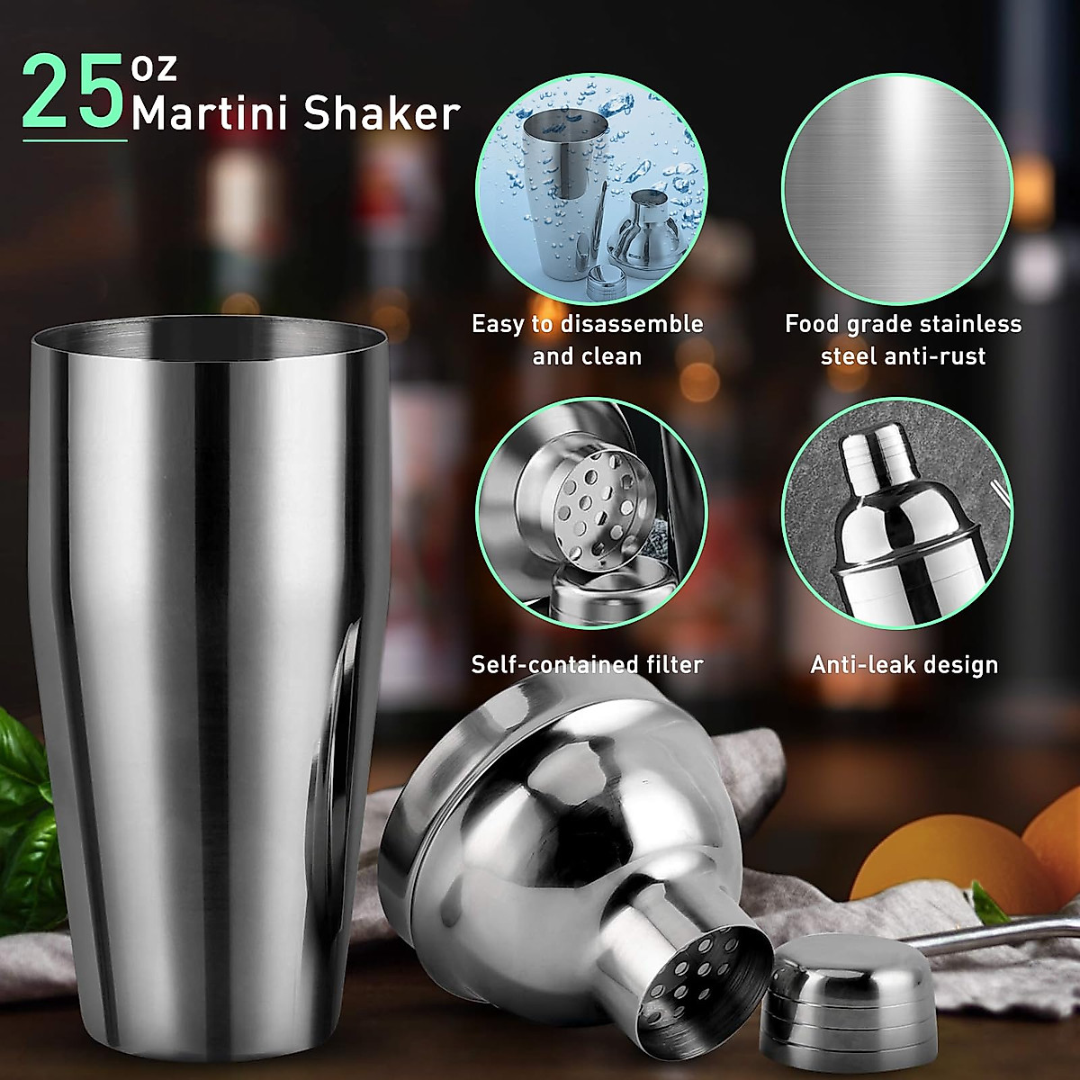 CasaCulina Cocktail Shaker Set Mixology Bartender Kit with Stand, 17 Piece Bar Tool Set: Martini Shaker, Jigger, Strainer, Mixer Spoon, Muddler, Liquor Pourers for Drink Mixing Bartending Kit(Silver)