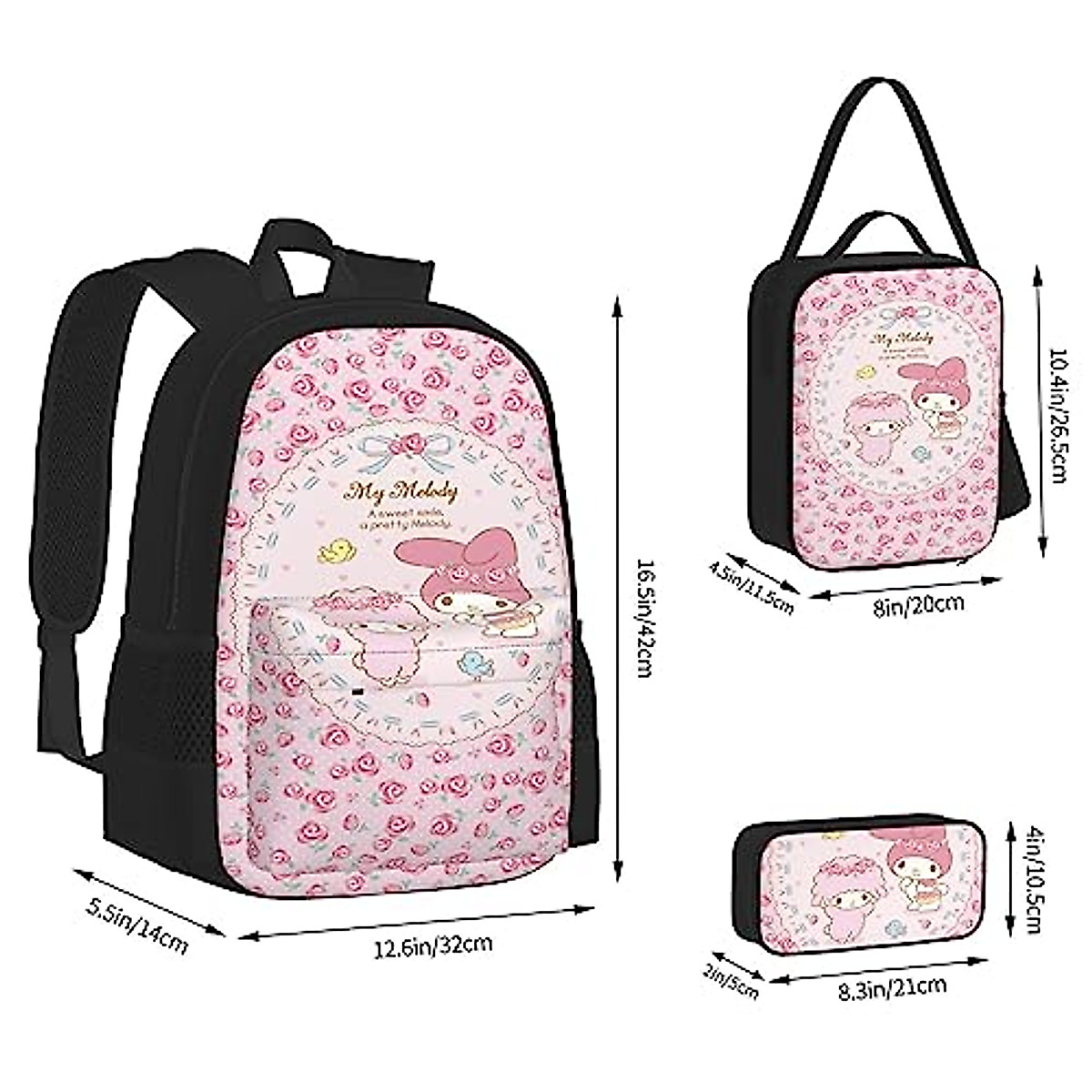 ORPJXIO Backpack 3 Piece Set Kuromi Anime My Melody Laptop Backpack Pencil Case Lunch Bag Combination For Travel Work Camping