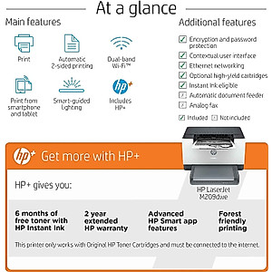 HP Laserjet M209dwe Single-Function Wireless Monochrome Laser Printer - Print only - 30 ppm, 600 x 600 dpi, 8.5" x 14" Legal, Auto Duplex Printing, USB, WiFi, Ethernet, Cbmou External Webcam