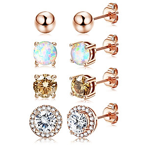 Dochais 4 Pairs Earrings for Women Cubic Zirconia Stud Earrings Set 18K Gold Plated Hypoallergenic 4 Prong CZ Round Opal Ball Stud Tragus Cartilage Ear Jewelry