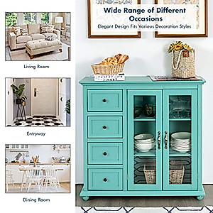Giantex Buffet Sideboard, Wood Storage Cabinet, Console Table with 4 Drawers, 2-Door Credenza, Living Room Dining Room Furniture, Buffet Server, Kitchen Pantry Cupboard (Sea Green)