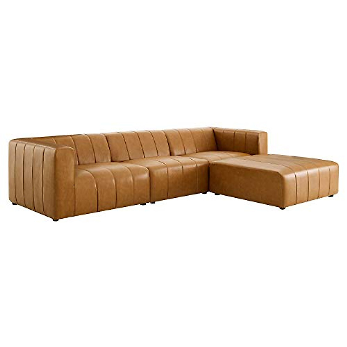 Modway Bartlett Channel Tufted Vegan Leather, 4-Piece with Chaise, Tan-4-Piece
