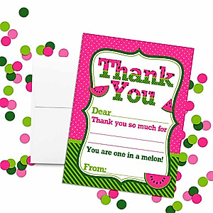 Pink Watermelon Sweet Celebration Birthday Thank You Notes, Ten 4" x 5.5" Fill In The Blank Cards with 10 White Envelopes by AmandaCreation