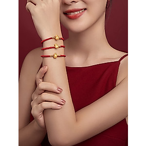 ZHOU LIU FU 24K Solid Gold Bracelets, Real Pure Gold Bracelet Chinese Zodiac Jewelry Adjustable Red Braided Bracelet Rabbit Dragon Dog Piggy with Blessing Idiom for Women Men Girlfriend