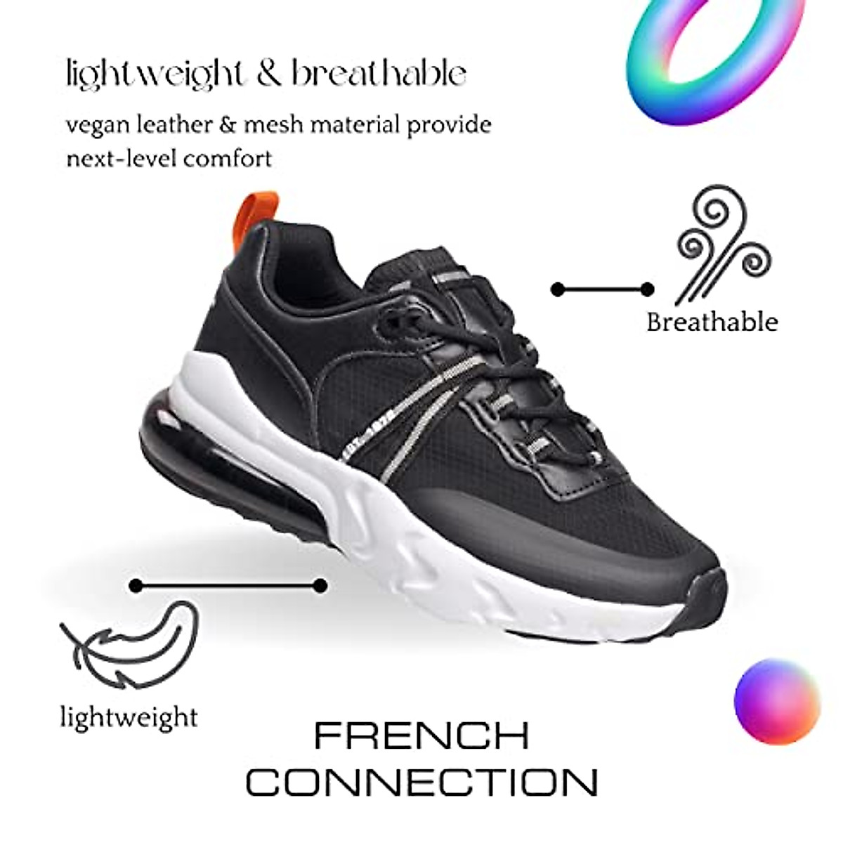 French Connection Women's Premium Breathable Athletic Shoes Walking Running Workout Tennis Comfortable Non Slip Fashion Sneakers for Women with Air Cushion in Black Size 8.5