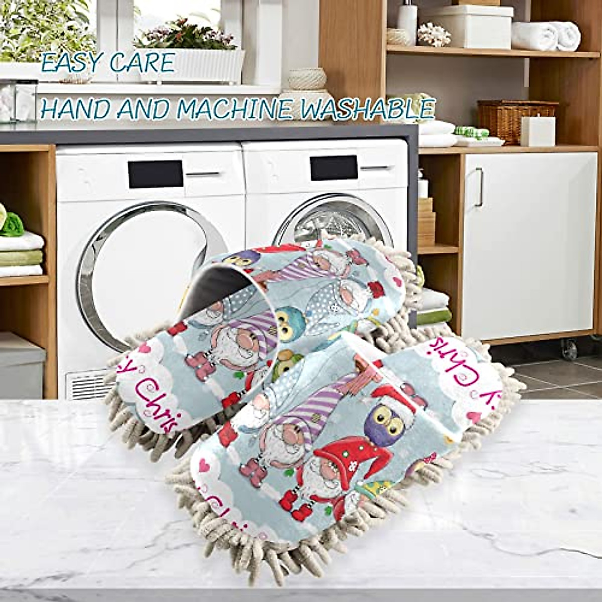 Kigai Microfiber Cleaning Slippers Christmas Gnome and Owls Washable Mop Shoes Slipper for Men/Women House Floor Dust Cleaner, Size L