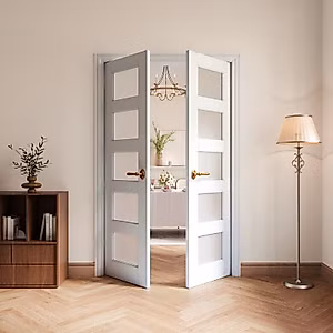 French Interior Door 48" x 80" (Double 24" x 80") 5 Lites Tempered Frosted Glass Door Panels, Pantry Door Slab Closet Door Easy Assembly - Without Hardware Kit