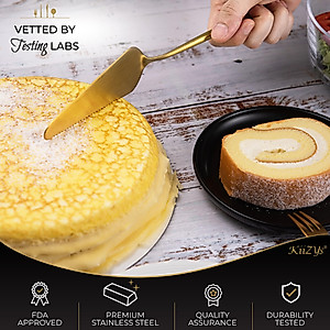 KiiZYs Matte Gold Serving Spoons and Forks Set of 7, Serving Utensils Set 11 inch, Cake Cutter, Salad Server, Pie Server Stainless Steel Flatware Tongs Tosser Kitchen Silverware Gift Box