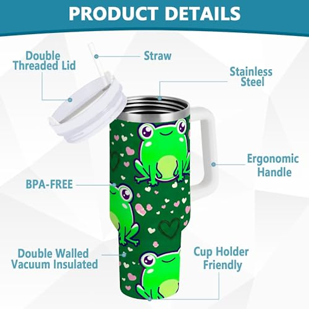 ODAWA 40 Oz Green Kawaii Frog Tumbler Cups with Handle and Straw, 2 in 1 Lid Stainless Steel Tumbler