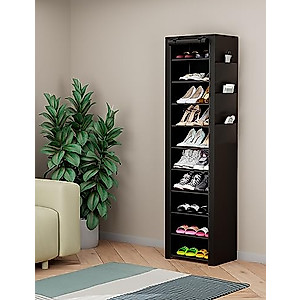 NiHome 10-Tier Tall Shoe Rack with Dustproof Waterproof Cover, Compact Narrow Shoe Rack Free Standing Shoe Storage Organizer for Closet Entryway, Metal Structure Vertical Shoe Shelf Tower, Black