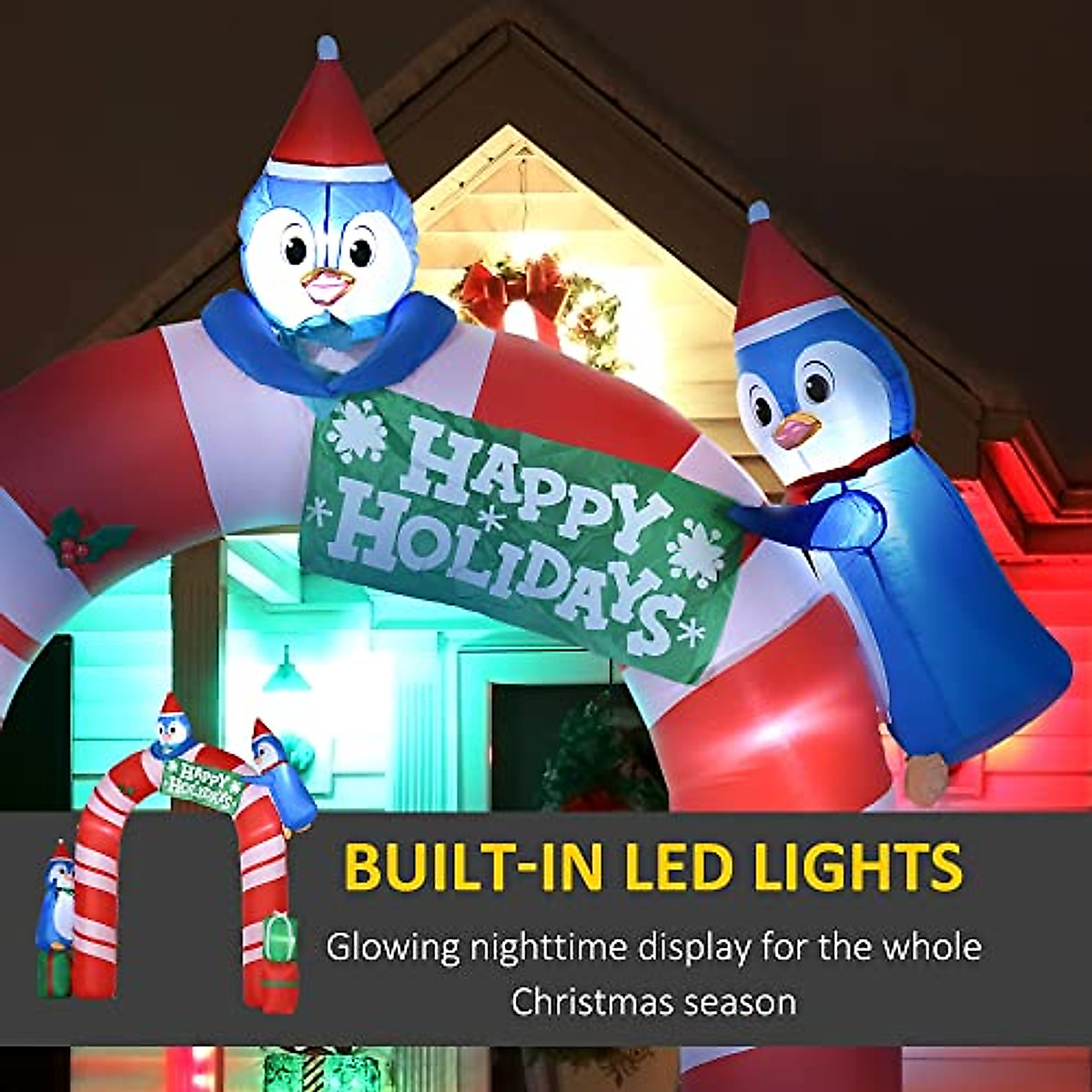 Outsunny 8ft Christmas Inflatables Outdoor Decorations Candy Cane Archway with Three Penguins and Gift Boxes, Blow-Up LED Yard Christmas Decor for Lawn Garden