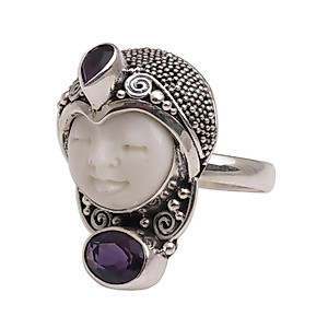 NOVICA Artisan Handmade Amethyst Cocktail Ring 925 Silver Face Shaped from Bali Bone Sterling Purple Indonesia Birthstone Balinese Traditional [crownbezel 1 in H x 0.7 in W x 0.4 in D Band Width 4 Mm]