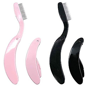 G2PLUS 4PCS Folding Eyelash Comb, Eyebrow Comb Metal Teeth, Eyelash Separator Comb, Eyelash Brush and Comb, Professional Tool for Define Lash & Brow (Pink+Black)