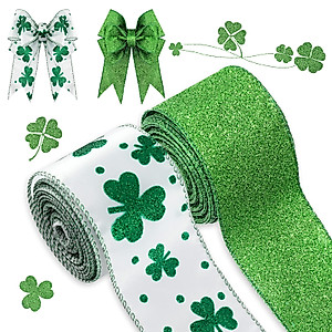 Whaline 2 Rolls St Patrick's Day Wired Ribbon Glitter Green Stain White Shamrock Craft Ribbons Linen Like Polyester Wrapping Ribbon for Home Craft Decoration Gift Bow Party Supply 2.5 Inch x 10 Yards