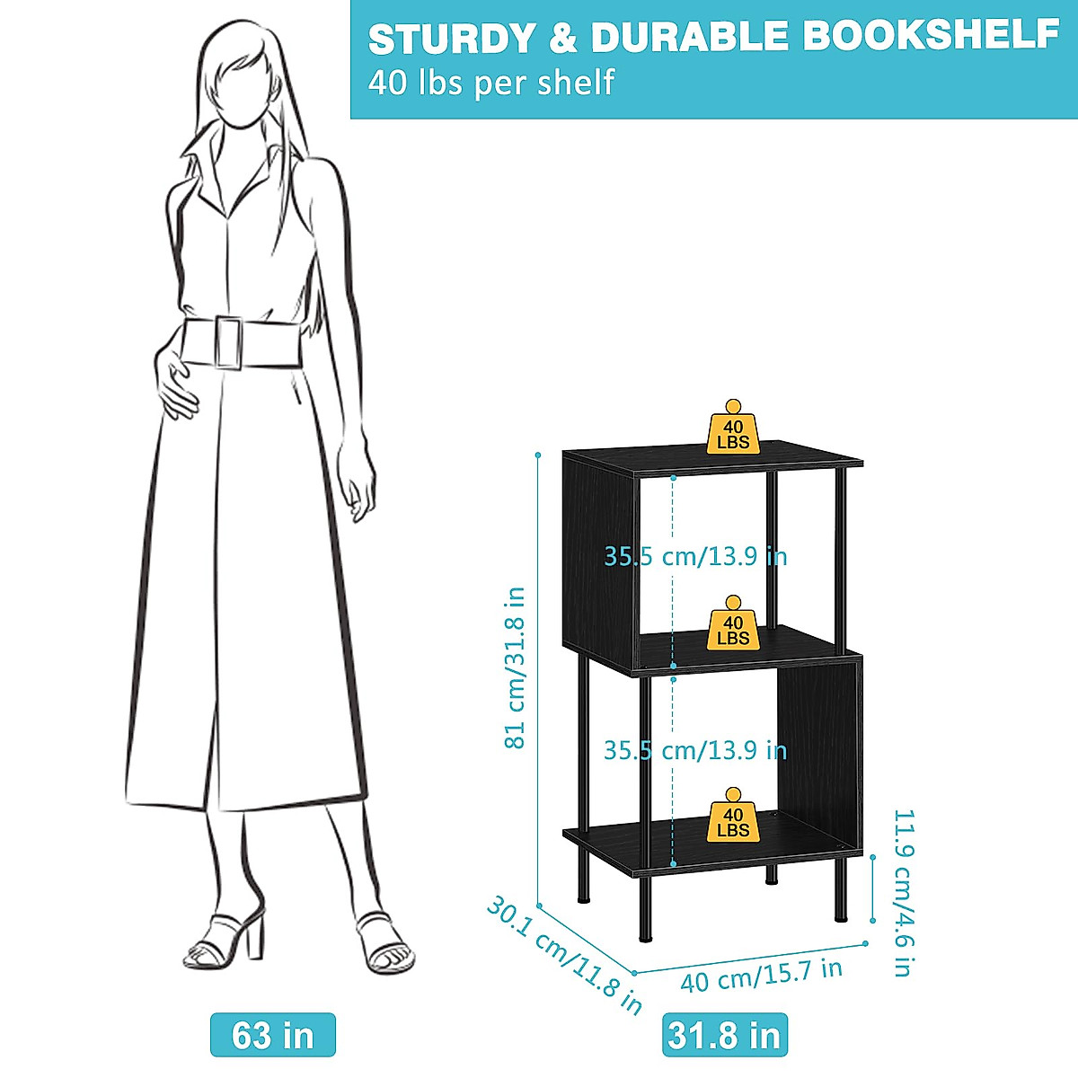 ETELI 3 Tier Small Bookshelf Black Book Shelf for Small Spaces S Shaped Bookcase Organizer for Office, Kids, Living Room Bedroom Home Corner