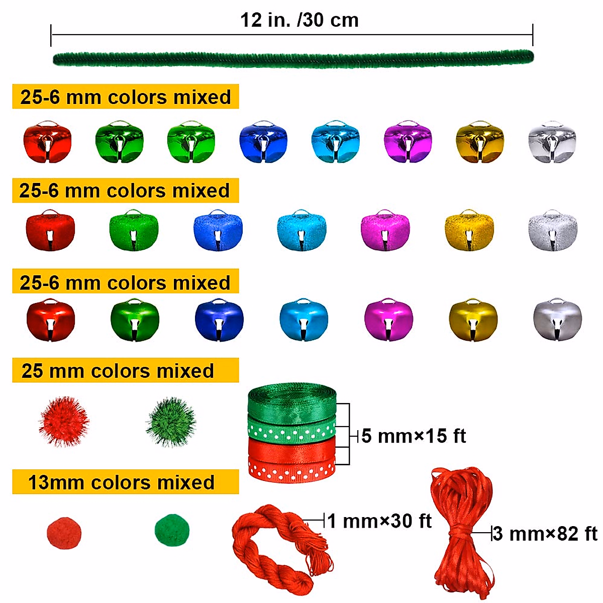 Winlyn 475 Set Christmas Jingle Bell Wreath Christmas Tree Ornaments Craft Kit Jingle Bell Metallic Chenille Stems Glitter Pom-Poms Ribbon Assortment for Kids Holiday Xmas Bracelets Necklaces Artwork