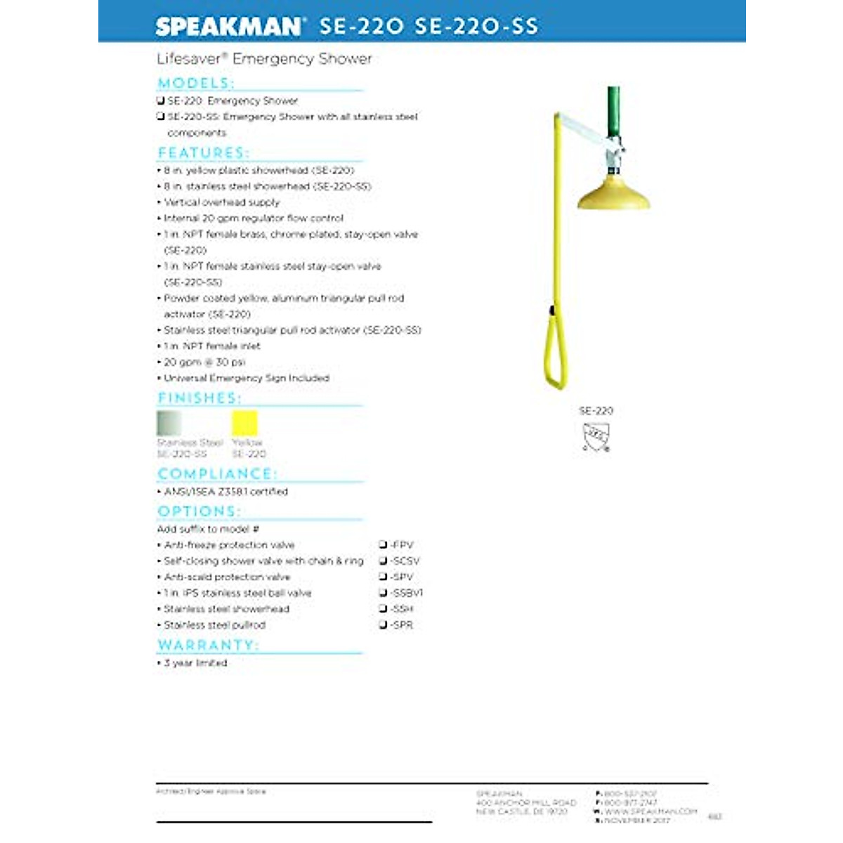 Speakman SE-220 Lifesaver Vertical Supply Emergency Shower, Yellow