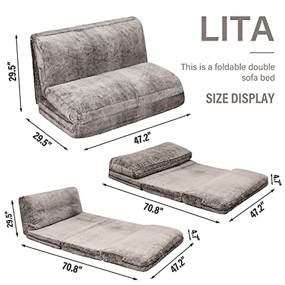 LITA Folding Mattress Sofa, Foldable Double Sofa Bed Foam Filling Convertible Sleeper Sofa Bed Modern Soft Faux Fur Wall Sofa Bed with Removable Cover for Living Room/Apartment/Dorm, Coffee