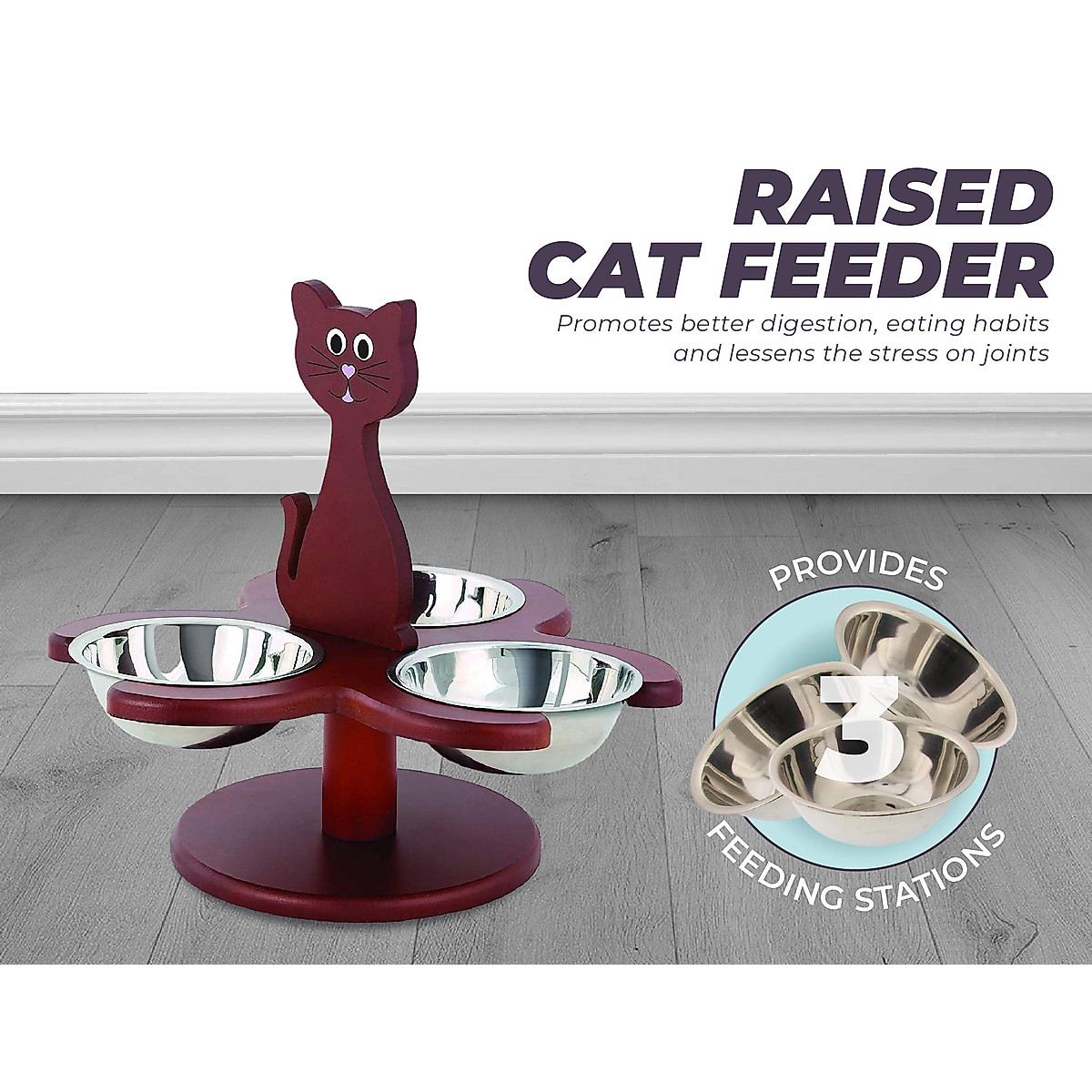 Etna Pet Store Elevated Cat Bowls - This Wooden, Raised Pet Feeder Promotes Better Digestion and is Easy on the Joints - Multiple Cat Feeder with 3 Removable Cat Bowls for Food and Water - Brown