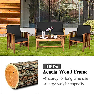 Tangkula Outdoor 4 PCS Acacia Wood Sofa Set w/Water Resistant Cushions, Padded Patio Seating Chat Set w/Coffee Table for Garden, Backyard, Poolside (1, Black)