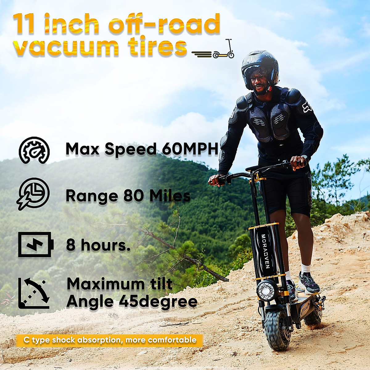 MORADVEN Adult Electric Scooter, 11-inch 6000W high Power Dual Drive Sports Scooter with seat, 7-inch LCD Display 60V40AH Range 80 Miles, Maximum Speed 60MPH, Off-Road Tires Electric Scooter.