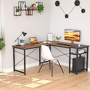 Ecoprsio L-Shaped Desk Large L Shaped Gaming Desk with Storage Shelves Industrial Corner Desk Writing Study Table for Home Office Gaming Workstation, Rustic Brown and Black
