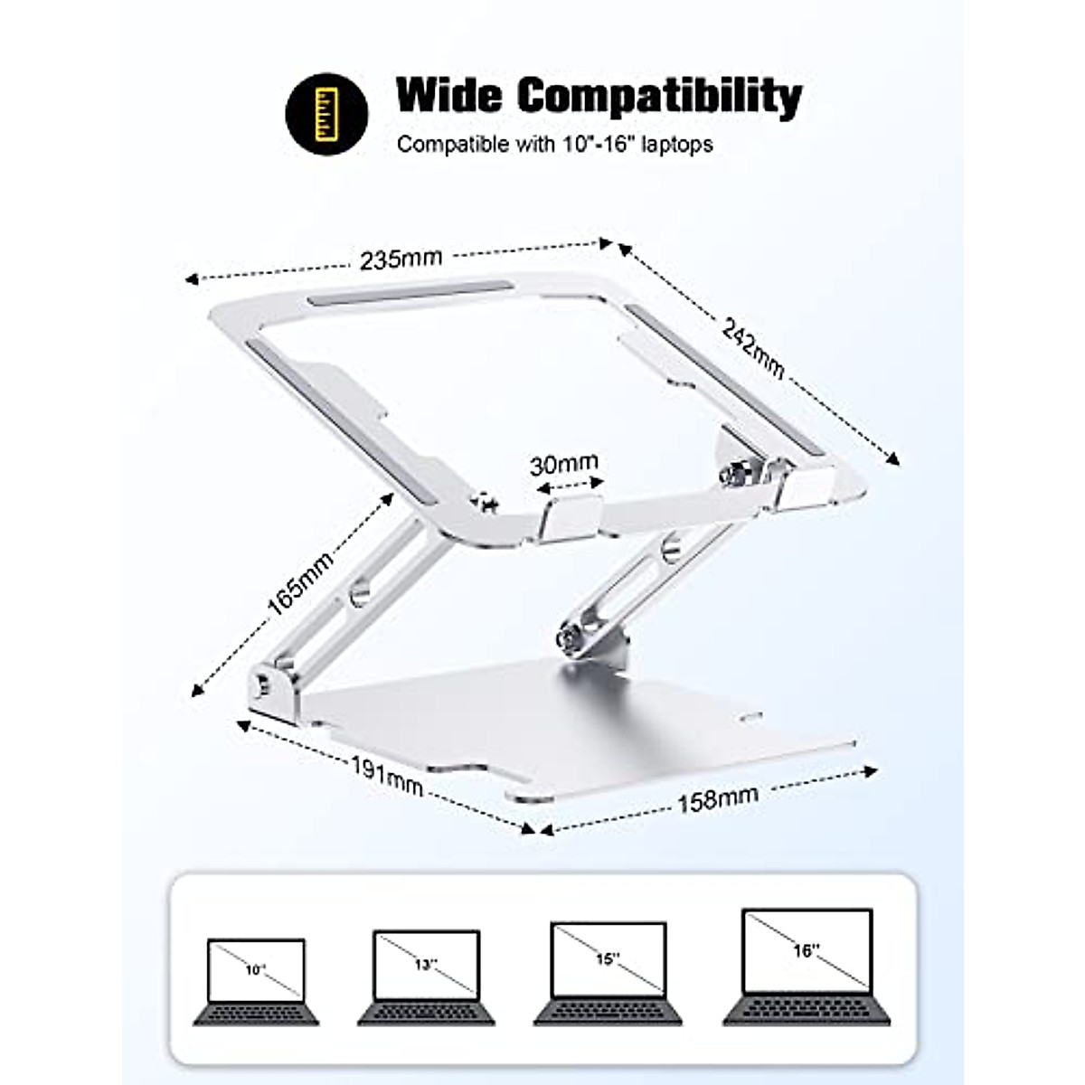 RIWUCT Adjustable Laptop Stand, Ergonomic Laptop Riser Holder for Desk, Aluminum Sturdy Dual Rotation Axis Foldable Computer Stand, Compatible with MacBook Pro All Notebooks 10-16" (Silver)