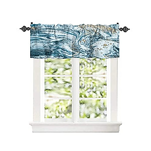 DoremiHome Marble Liquid Abstract Art Window Valance Rod Pocket Curtain Valance for Kitchen/Living Room,Blue White Gold Gradient Short Curtain Panels Window Treatment Decor Curtains 54x18in