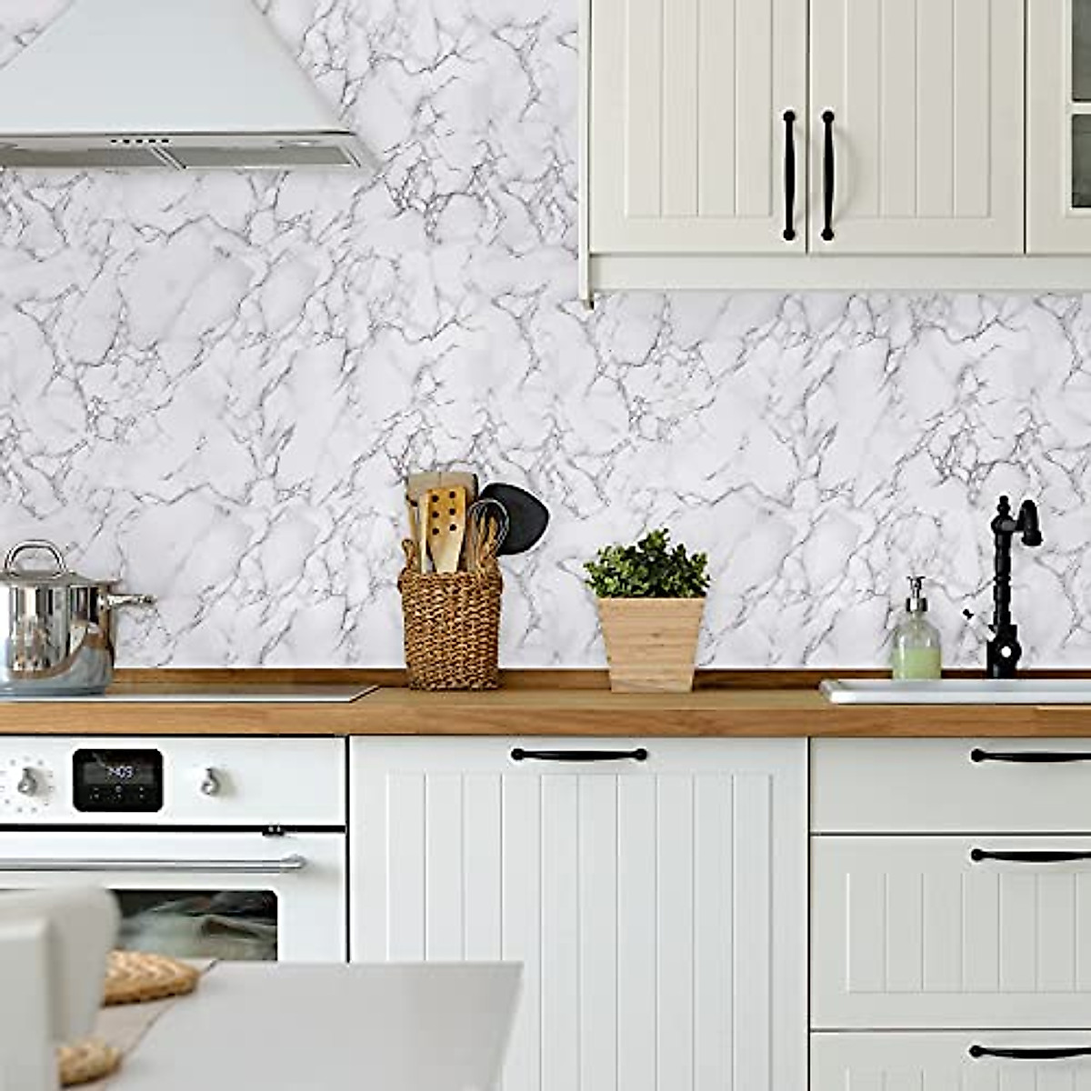 Caltero Marble Contact Paper 15.7" x 118" White Grey Marble Wallpaper Peel and Stick Glossy Marble Contact Paper Self Adhesive Contact Paper for Countertop Kitchen Cabinets Bathroom