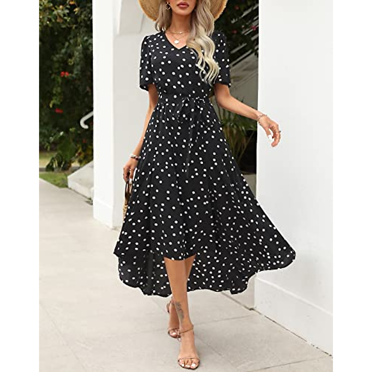 Maggeer 2024 Spring Summer Dress for Women Short Sleeve Cute High Low Flowy Graduation Engagement Bridal Shower Beach Maxi Dress Black Polka Dot M