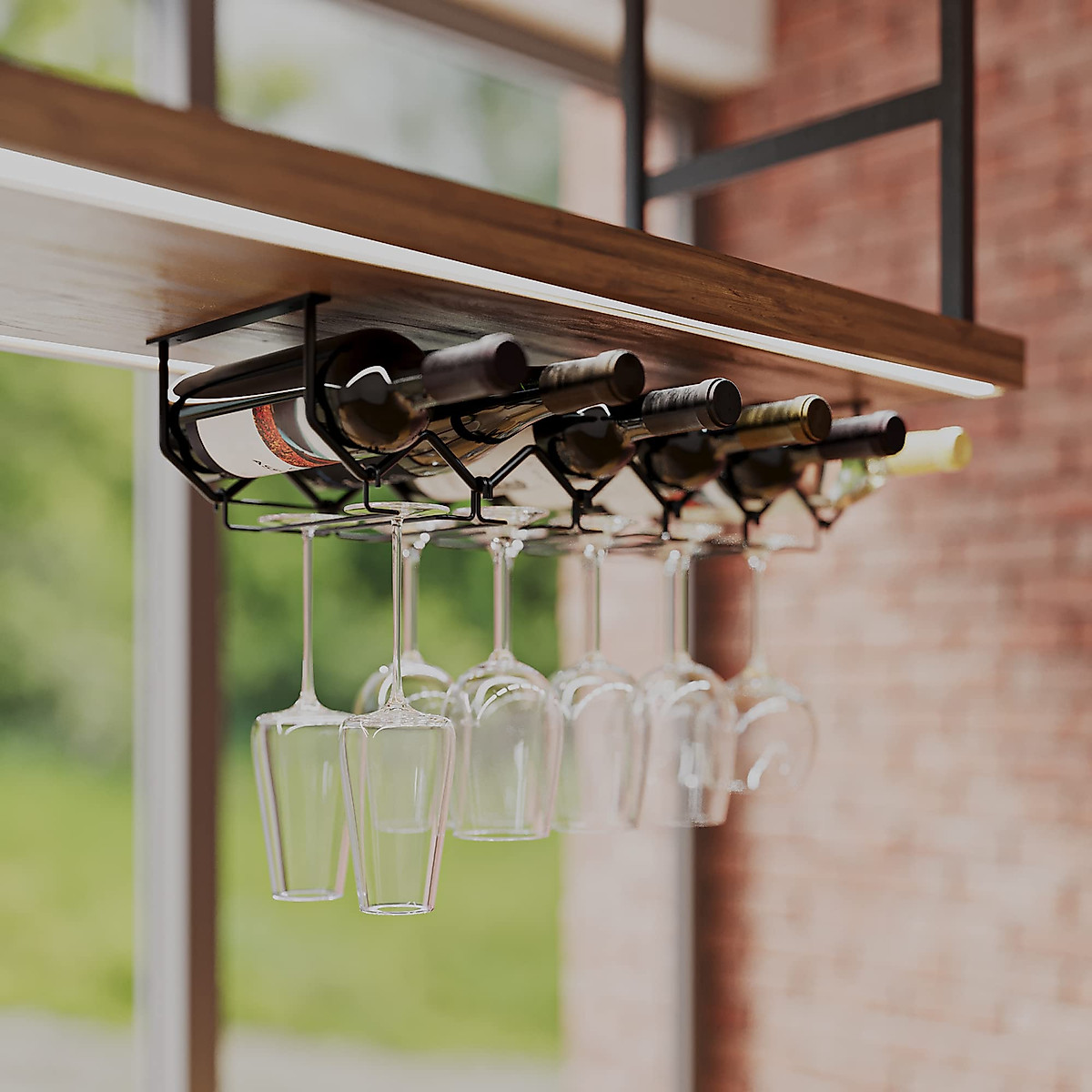 Wallniture Piccola Under Cabinet Wine Rack & Glasses Holder, Kitchen Organization with 6 Bottle Organizer Metal Black