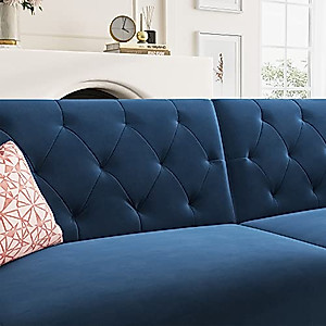 HONBAY Convertible Sofa Bed Velvet Sleeper Couch with Adjustable Armrests Tufted Futon for Living Room and Bedroom, Blue