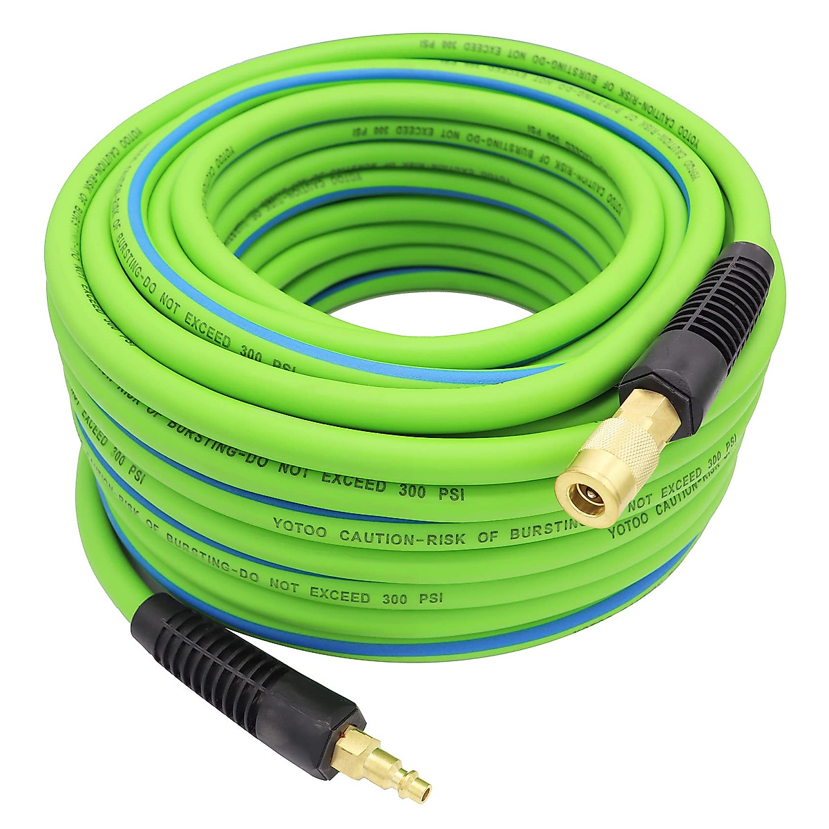 YOTOO Hybrid Air Hose 3/8-Inch by 100-Feet 300 PSI Heavy Duty, Lightweight, Kink Resistant, All-Weather Flexibility with 1/4-Inch Industrial Air Fittings and Bend Restrictors. Green+Blue