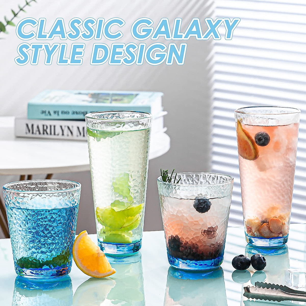 Claplante Drinking Glasses, 8 Piece Crystal Glass Cups, Colored Mixed Glassware Set, 4 pcs Crystal 12oz Highballs and 4 pcs 10oz Rocks Glasses, Great for Cocktail, Whisky and other Beveragesc (BLUE)