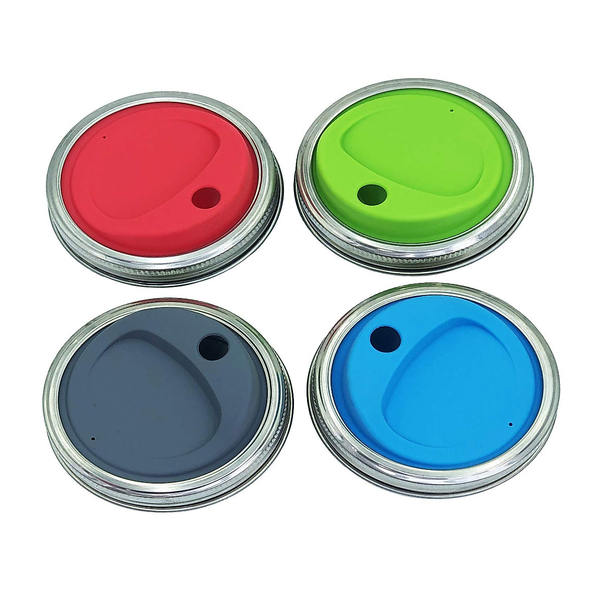 THINKCHANCES Reusable Food Grade and BPA Free Silicone Round Sip Coffee Juice Drinking Straw Lid Set with Stainless Steel Rings for Mason, Ball, Canning Jars, Pack of 4 Sets (Wide Mouth,Round Hole)