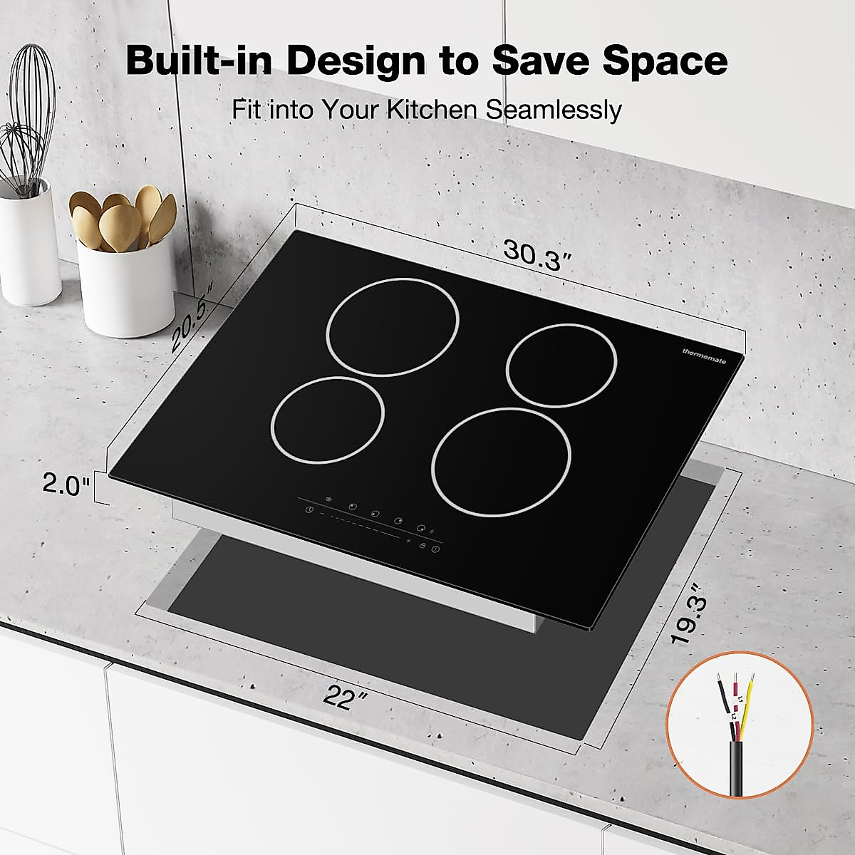 ThermoMate 30 Inch Electric Cooktop 4 Burners, ETL Certified Built-in Radiant Electric Stove Top, 30" Ceramic Cooktop 6000W with Touch Control, 9 Heating Level, Chlid Lock & Timer, 220-240V Hard Wire