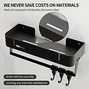 RCHYFEED 11.7”Shower Caddy with Towel Bar, Shower Organizer Adhesive,Metal Rustproof Bathroom Shower Shelf Rack with Hook, Drilling-Free Self Adhesive Storage Shelf for Bathroom & Kitchen(Black)