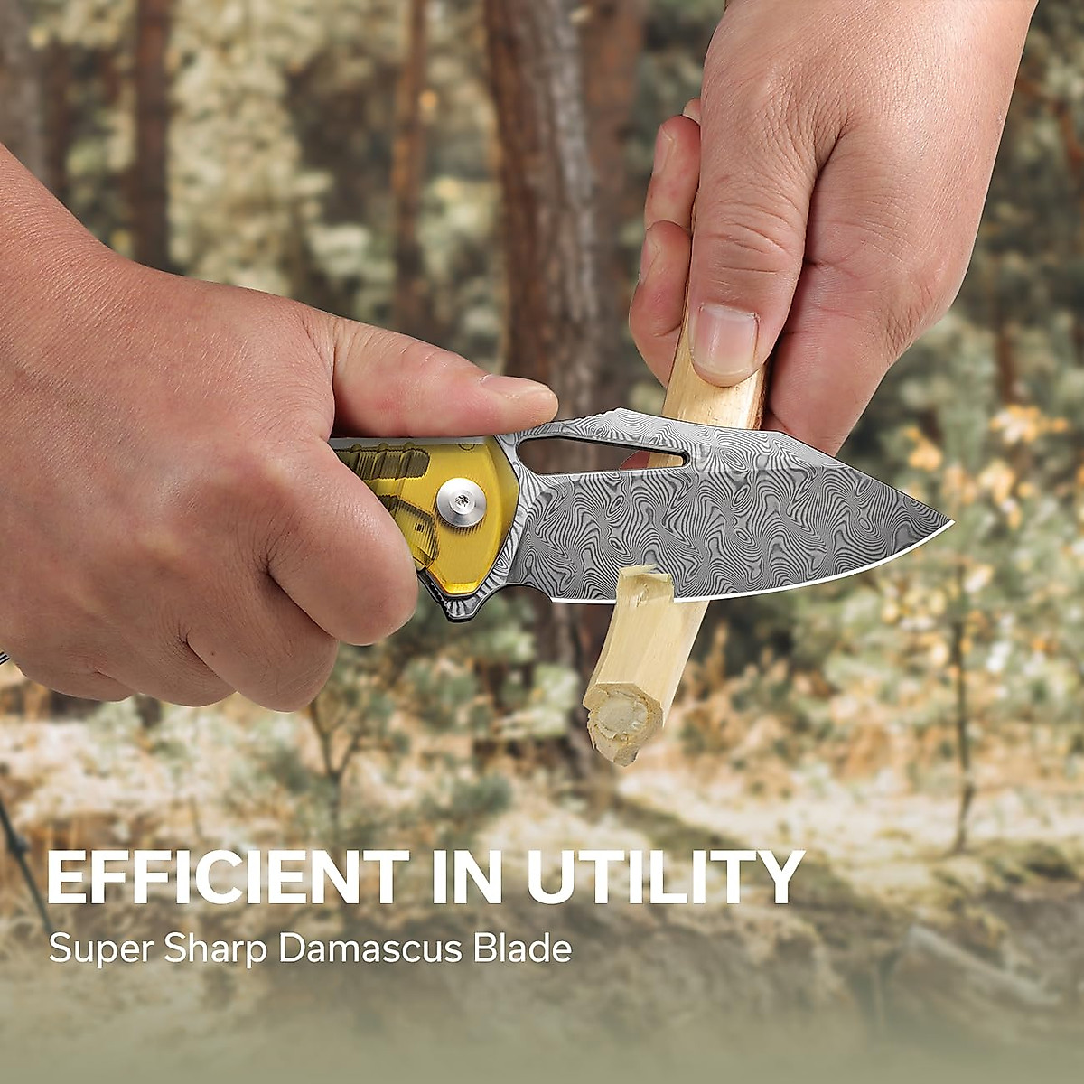 CIVIVI BullTusk Pocket Knife for Camping Fishing Hunting, Folding Knife with Flipper, 3.48" Curved Damascus Blade Ultem Handle, Cool Pocket Knife for Men Women Gift C23017-DS1