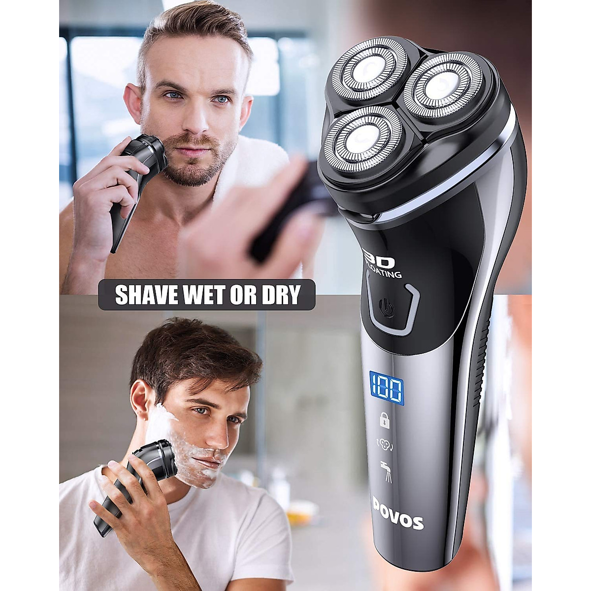 POVOS Electric Razor for Men, Quick Rechargeable Wet and Dry IPX7 Waterproof Electric Shaver,Men’s 3D Rotary Shaving Razor with Pop-up Beard Trimmer,LCD Display, Replacement Blades, and Travel Case