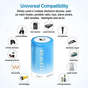 REACELL Rechargeable C Cell 5000mAh, C Size Rechargeable Batteries Long Lasting C Batteries with Storage Case, 4 Counts