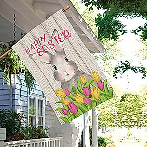 Happy Easter House Flag large 28 x 40 Inch Double Sided Rabbit with flower Spring Seasonal for Outside Burlap Yard Outdoor Decor