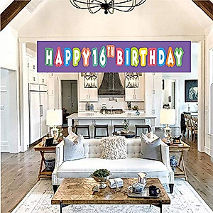 Purple Happy 16th Birthday Banner, 16th Birthday Party Sign, 16 Bday Party Supplies Decorations