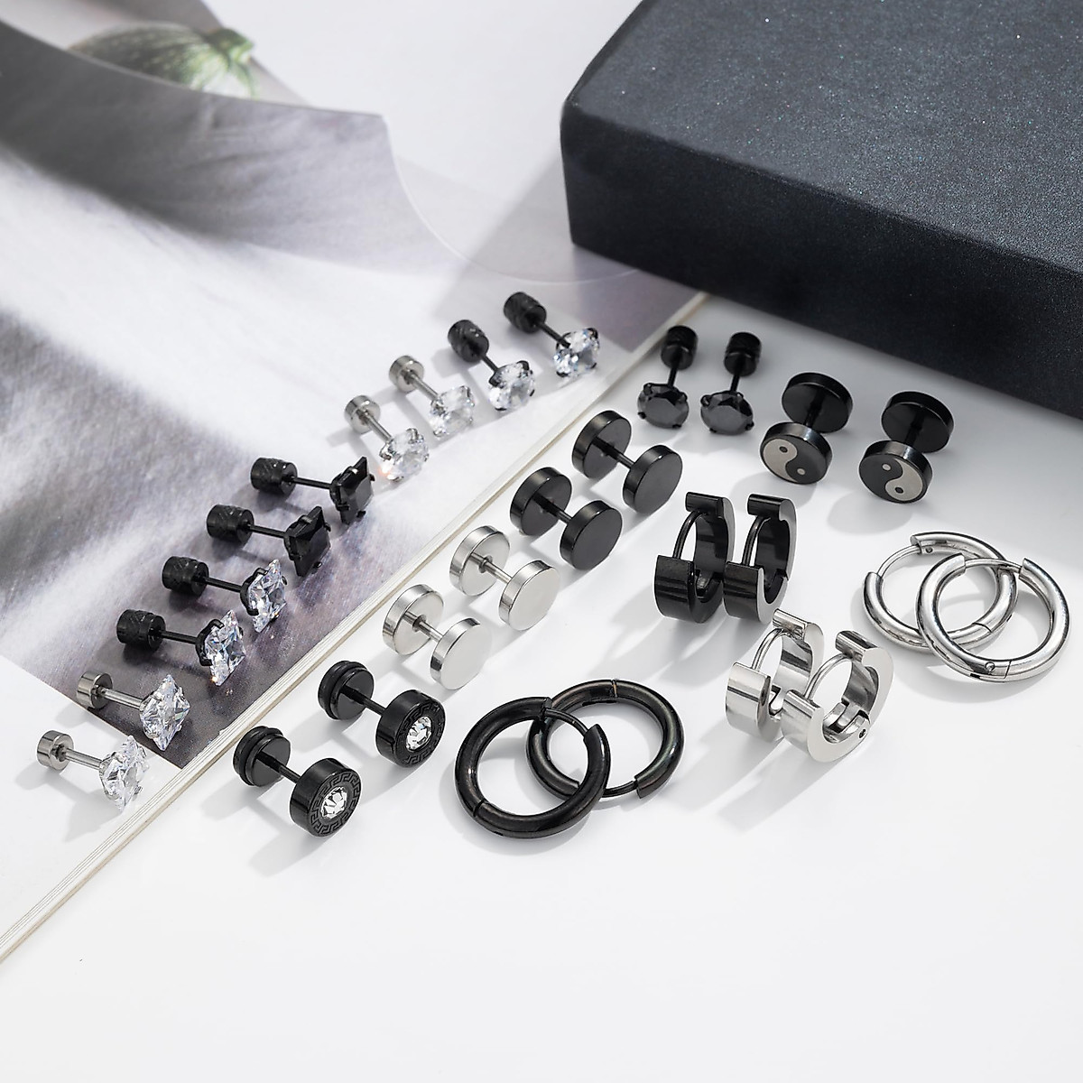 RIOSO 14Pairs Earrings for Men Women Surgical Stainless Steel Hypoallergenic Stud Earring Screw Back Stud Hoop Earring Set Men's Black Silver Earrings
