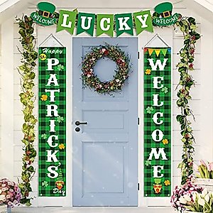 St Patricks Day Decorations Outdoor, Green Buffalo Check Plaid Welcome Banners Porch Signs W LUCKY Garland Banner, Irish Shamrock Happy Saint Patrick's Day Décor for Home Party Door Classroom Office